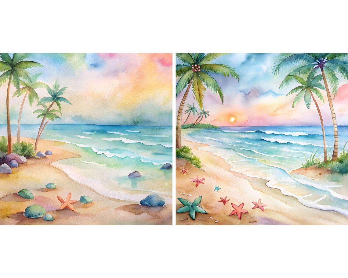 Watercolor Beach Digital Paper: Tropical Coastal Backgrounds (JPG Pack ...