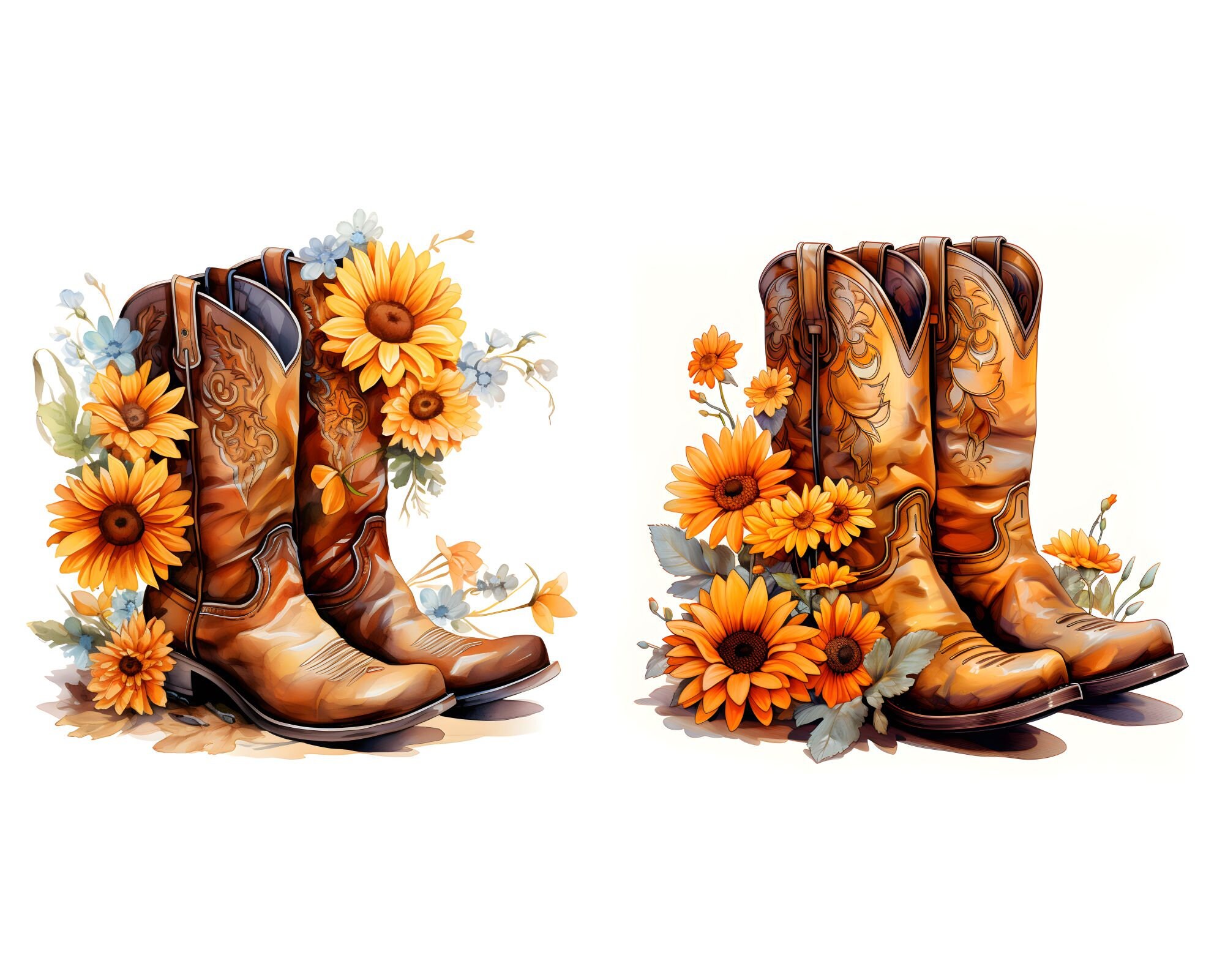 Watercolor Cowboy Boots Clipart: Floral Western Design (12 JPG Files ...