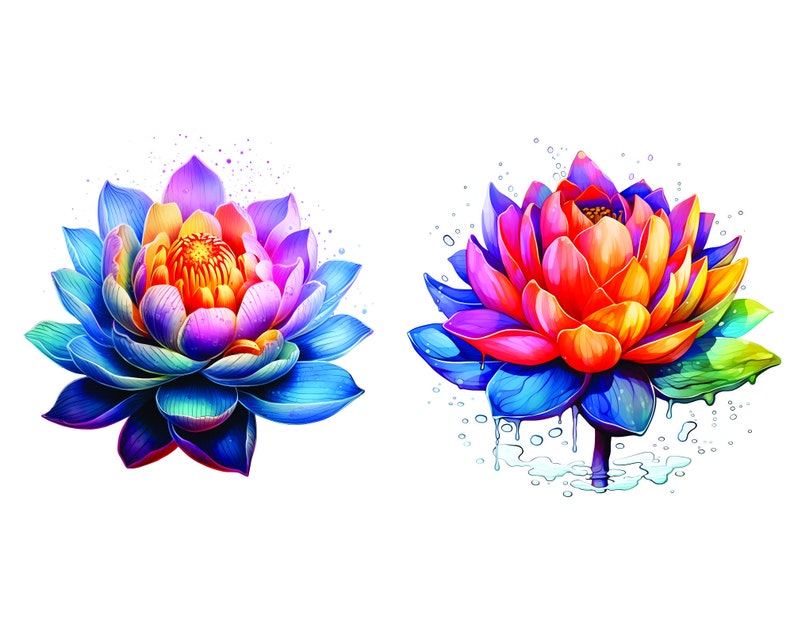 Colorful Lotus Clipart, 12 High-quality Jpgs, Watercolor Lotus Clipart ...