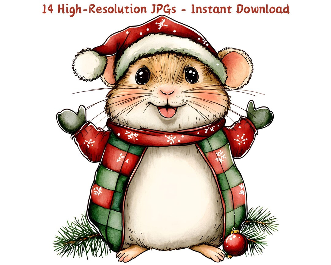 Whimsical Christmas Hamster Clipart, Cute Watercolor Santa Hat Hamster ...