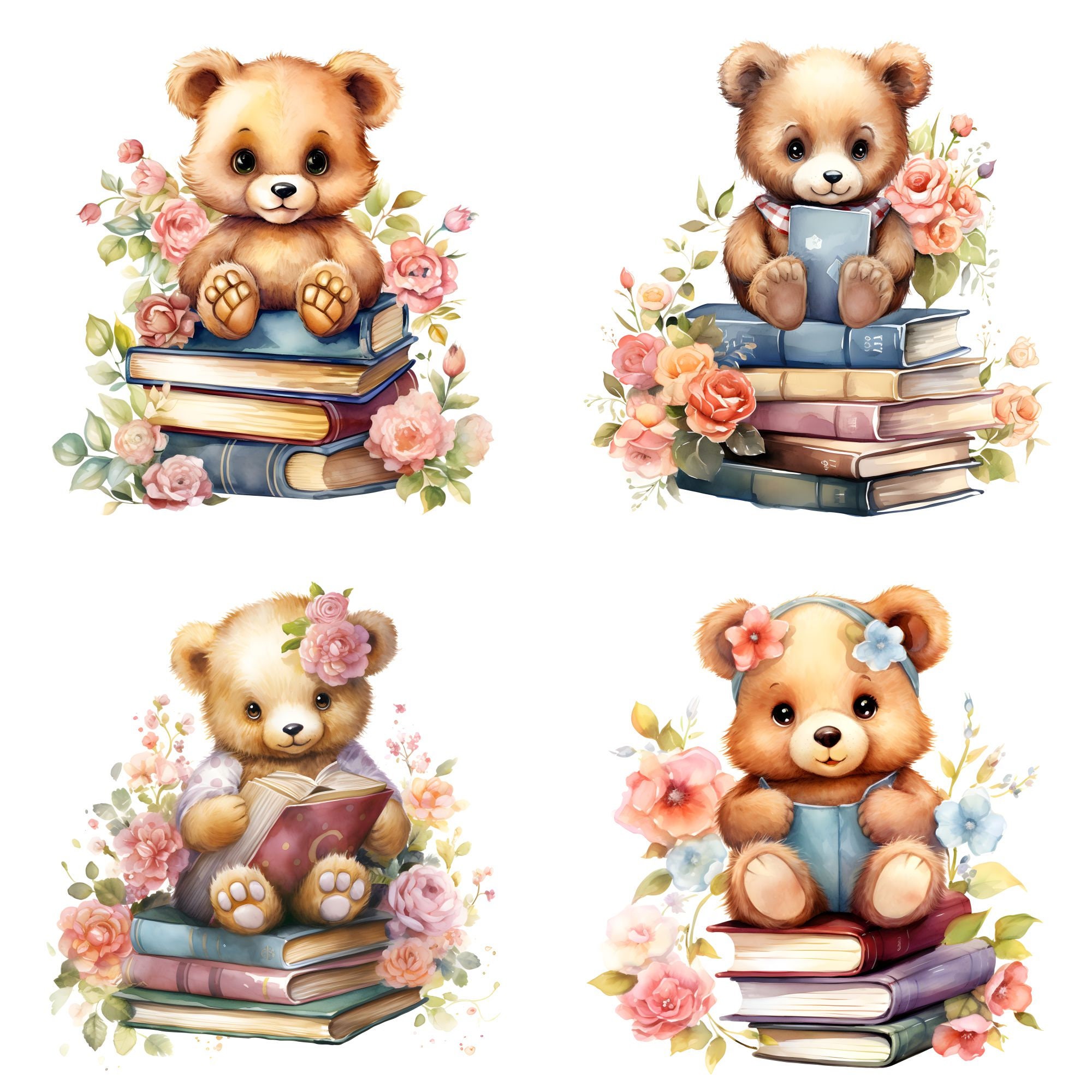 Stack of Books With Teddy Bear Clipart, 16 Jpgs, Watercolor Books, Watercolor Teddy Bear, Kids ...