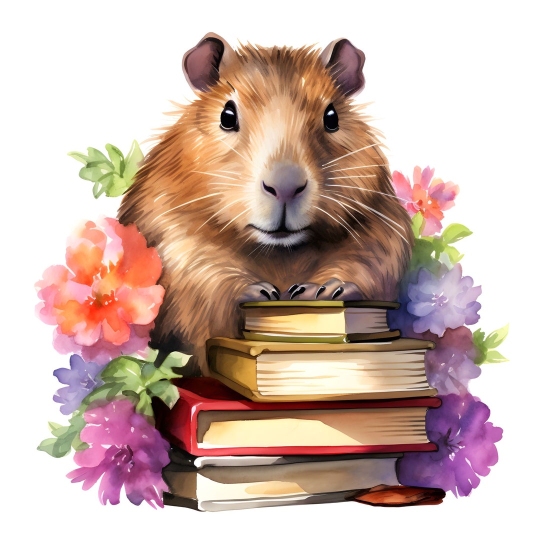 Capybara Sitting on A Stack of Books Clipart, 16 Jpgs, Watercolor Books ...