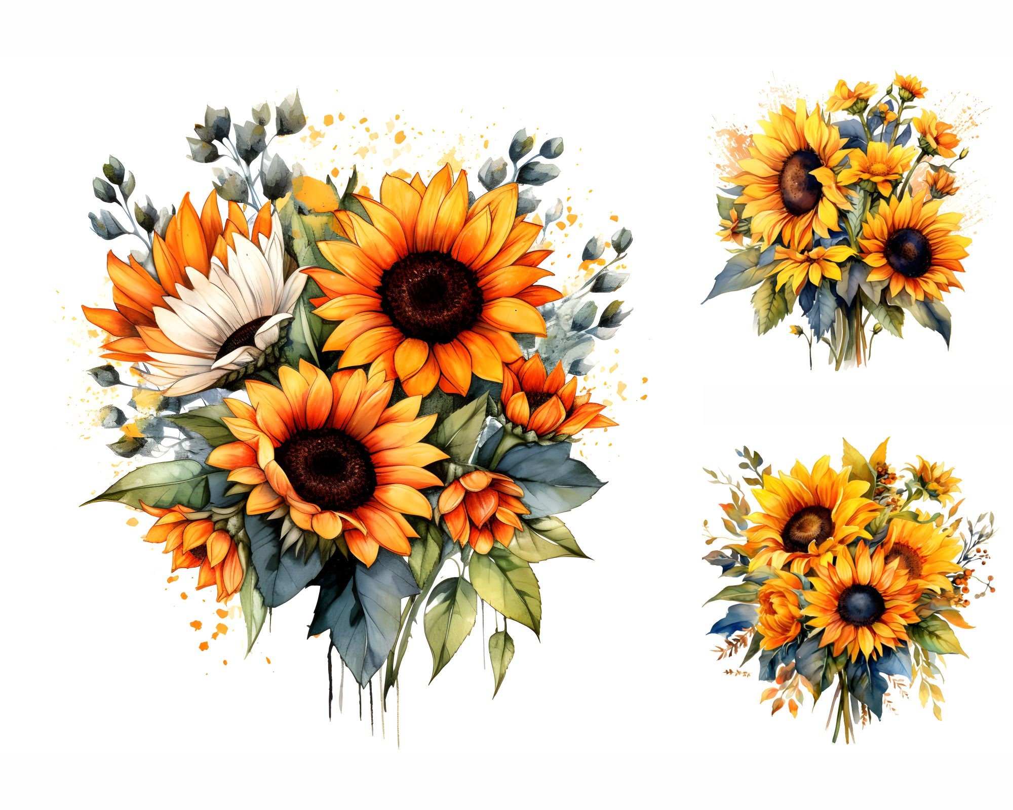 Sunflower Clipart, 20 Jpgs, Watercolor Sunflower, Sunflower Bouquet ...