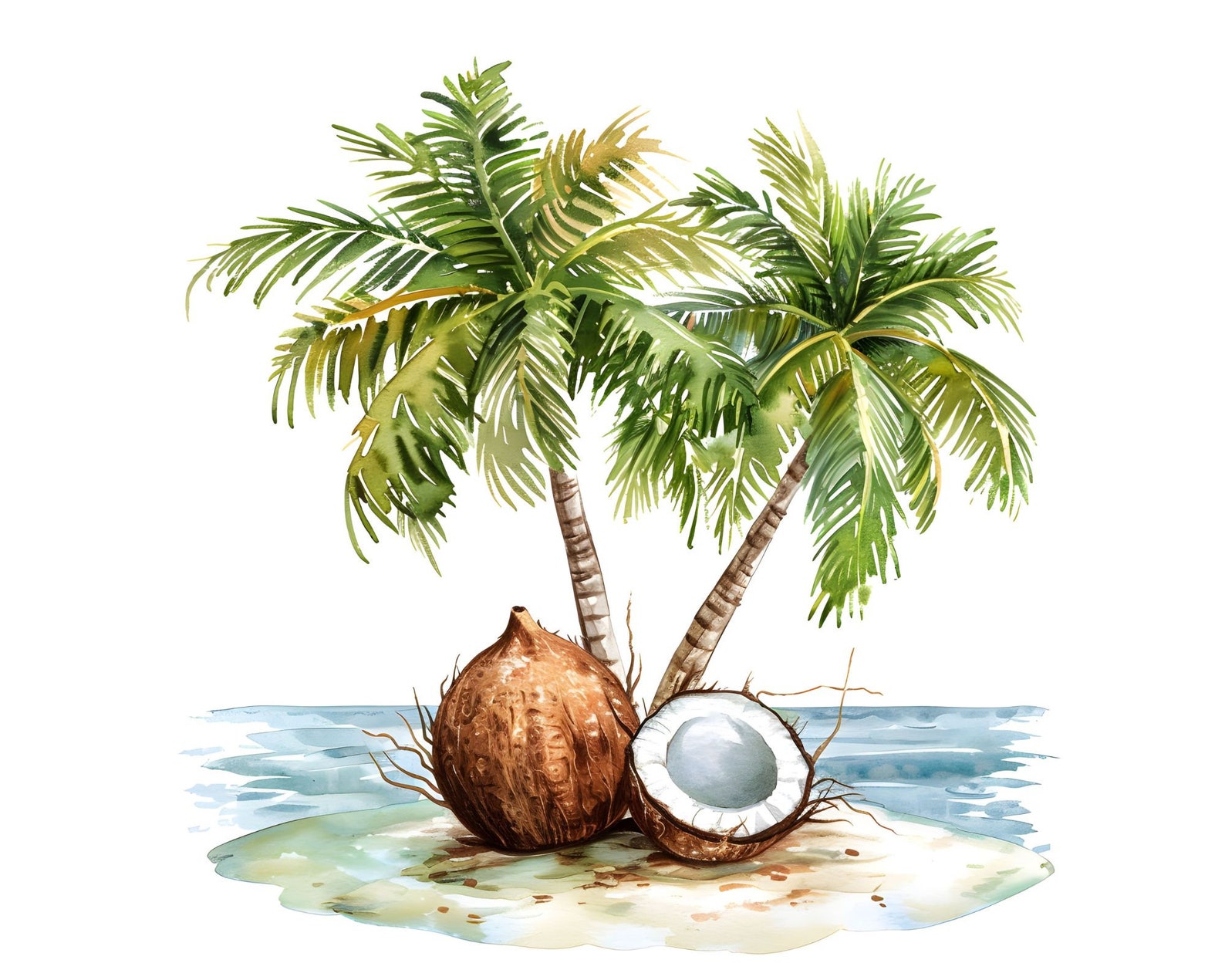 Palm Tree With Coconut Clipart, 12 JPG, Watercolor Tropical Clip Art ...