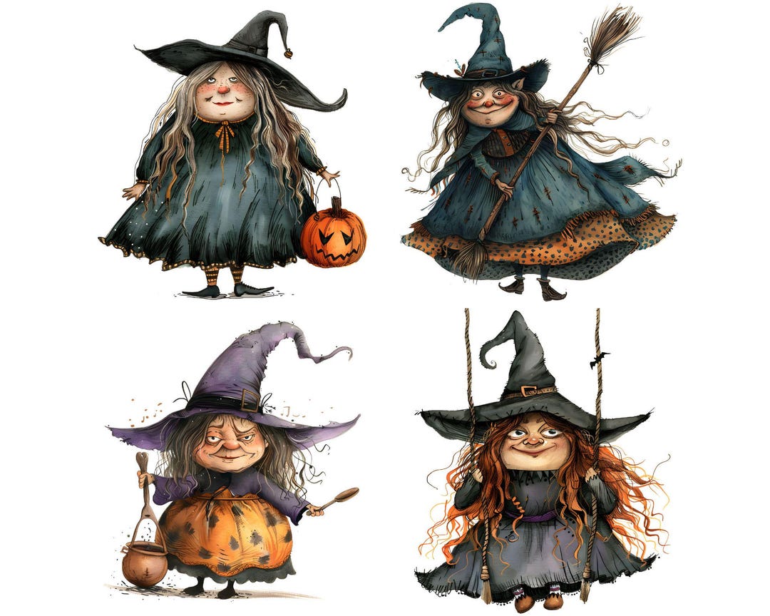 Whimsical Witch Clipart, 36 High Quality JPG, Halloween Clip Art, Paper ...