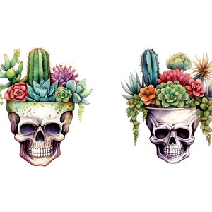 Skull Pot With Cacti Clipart, 16 PNG, Watercolor Halloween Clip Art ...