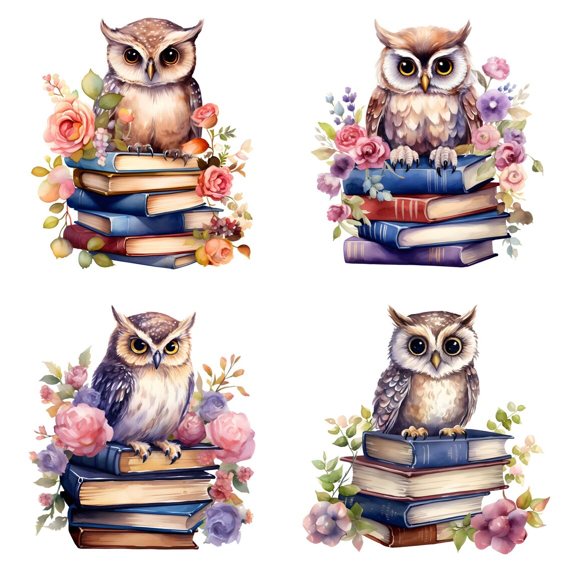 Owl Sitting on A Stack of Books Clipart, 16 Jpgs, Watercolor Books, Owl ...