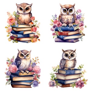 Owl Sitting on A Stack of Books Clipart, 16 Jpgs, Watercolor Books, Owl ...