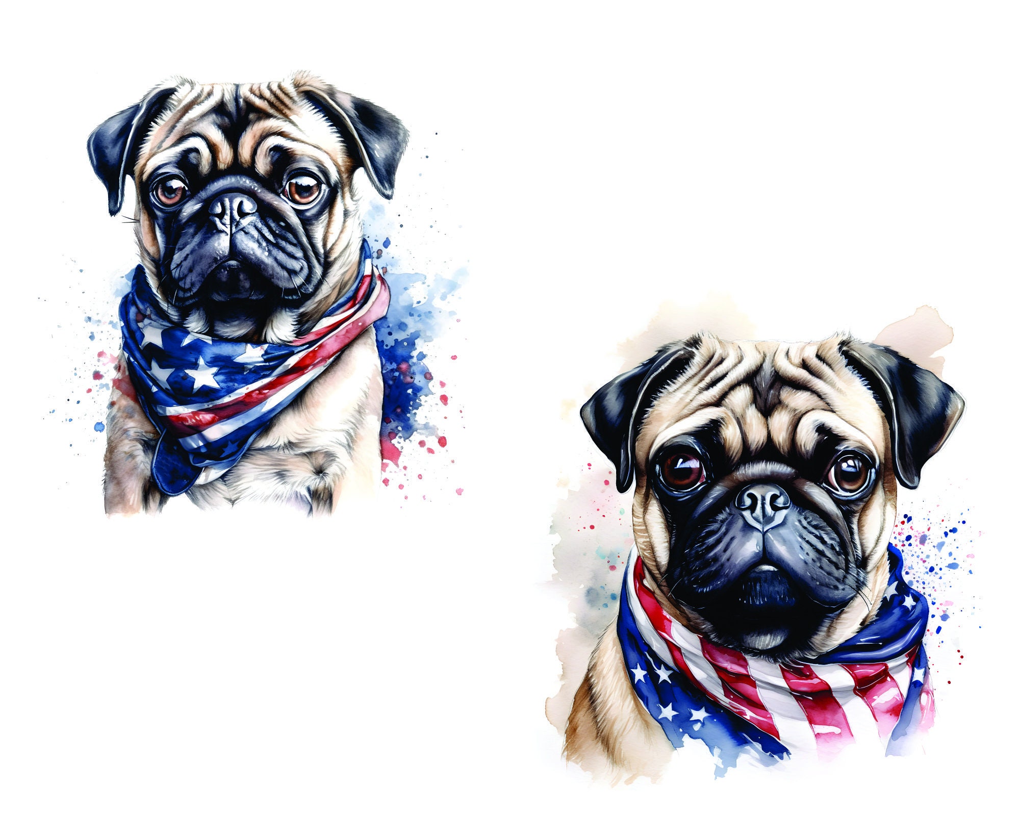 Patriotic Watercolor Pug Clipart 11 High Quality Jpgs 4th of - Etsy