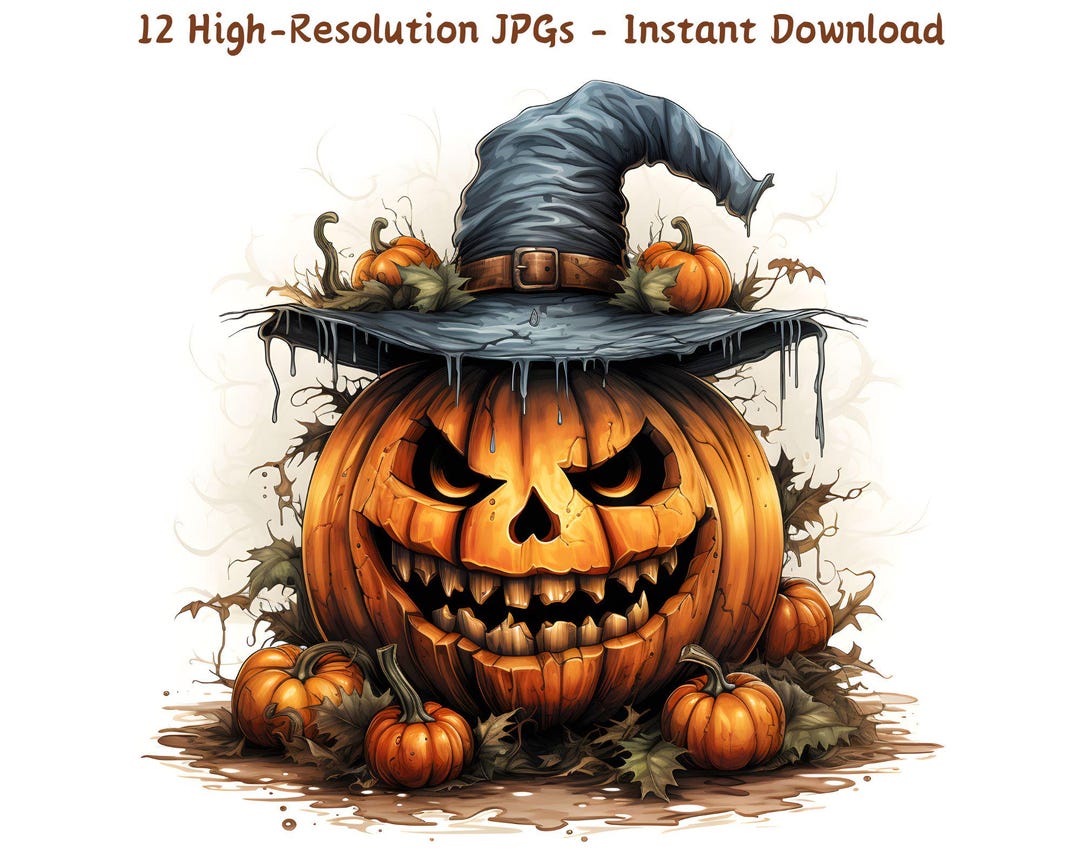 Halloween Scary Pumpkin Clipart, Spooky Watercolor Jack-o'-lantern Art ...