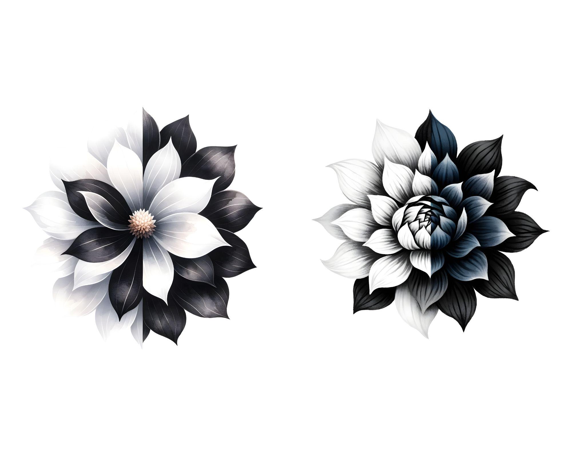 Monochrome Floral Clipart: Half Black Half White Watercolor Flowers (12 ...