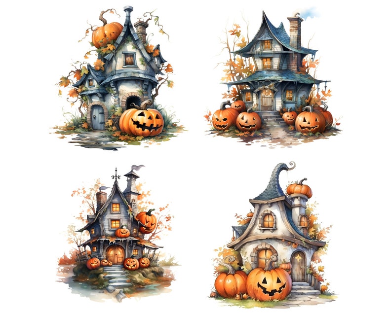 Halloween Fairy House Clipart 16 JPG Watercolor Halloween - Etsy