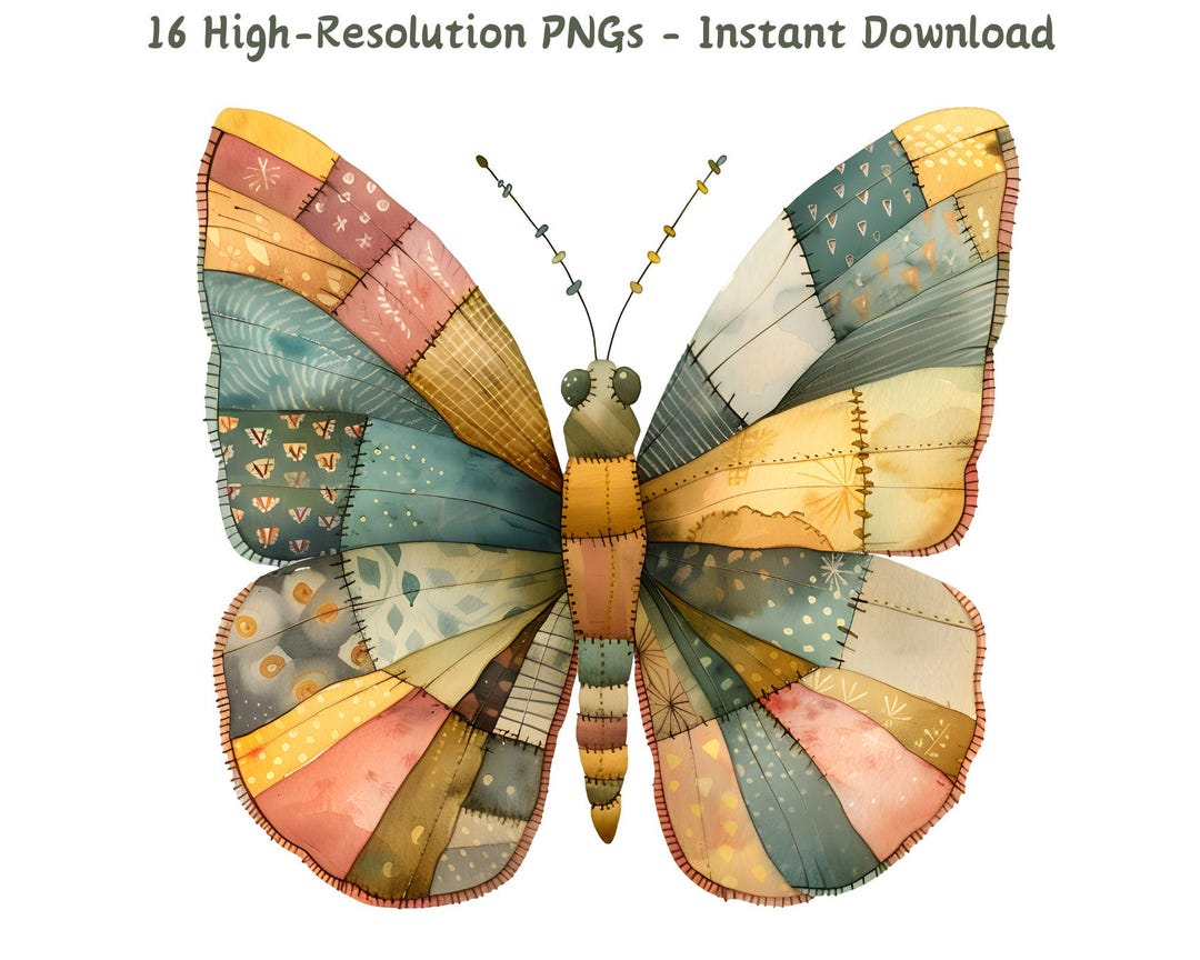 Patchwork Butterfly Clipart: 16 Whimsical PNG Digital Art (commercial ...