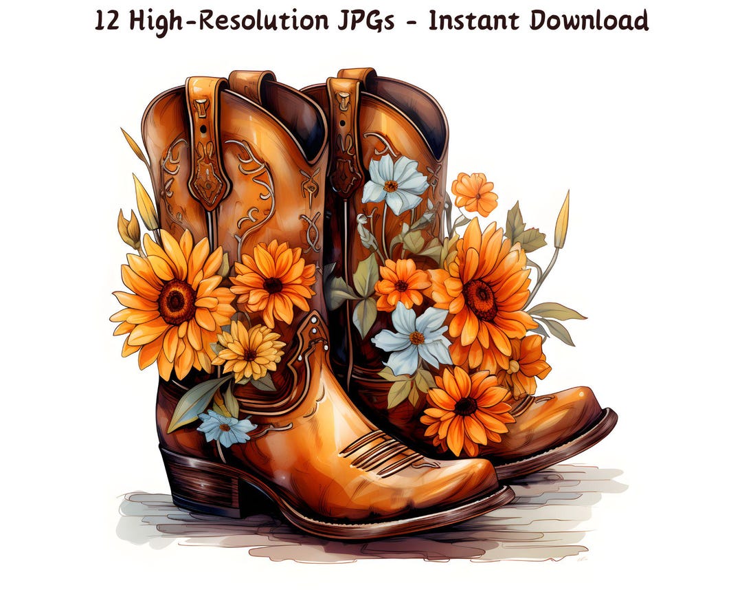 Watercolor Cowboy Boots Clipart: Floral Western Design (12 JPG Files ...