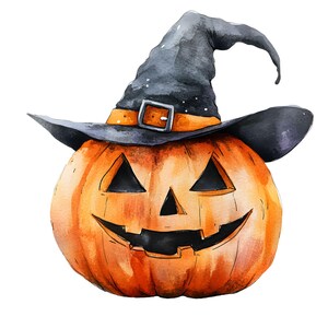 Watercolor Halloween Pumpkin Clipart, 16 PNG, Pumpkin With Witch Hat ...