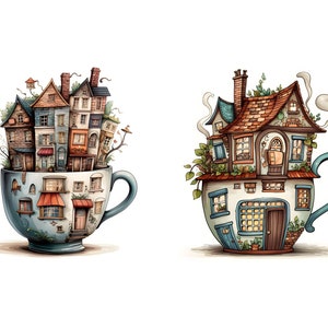 Whimsical Coffee Mug House Clipart, 16 JPG, Watercolor Clip Art ...