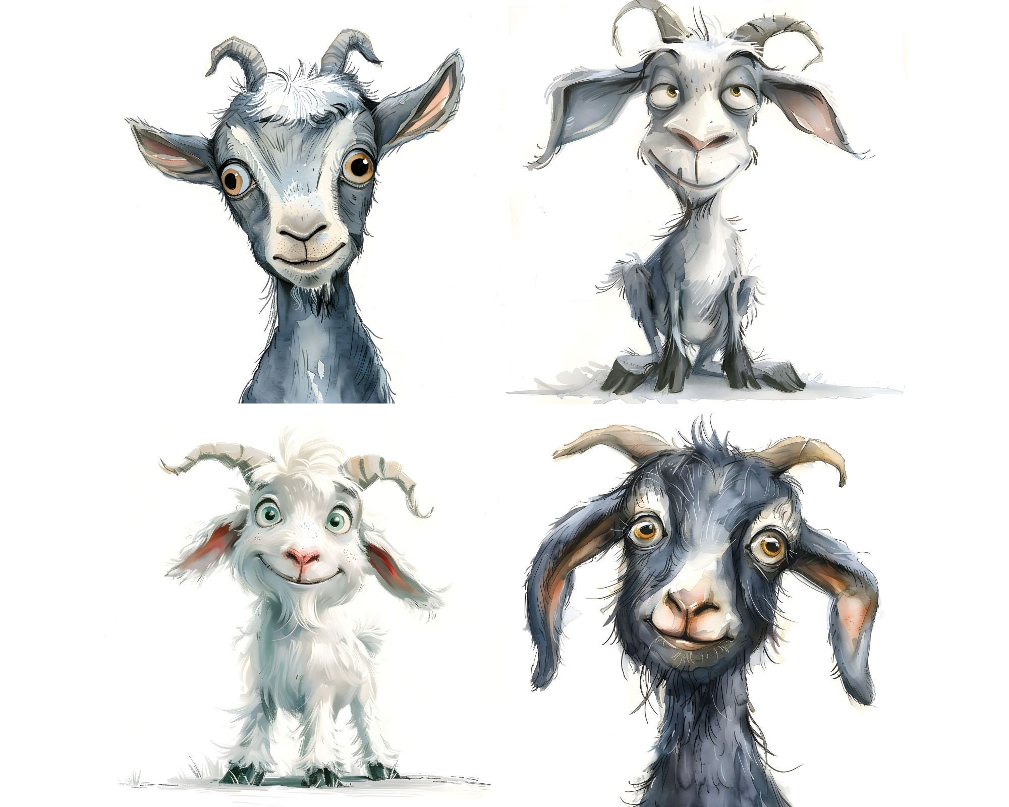 Funny Goat Clipart, 24 High Quality JPG, Whimsical Quirky, Watercolor ...
