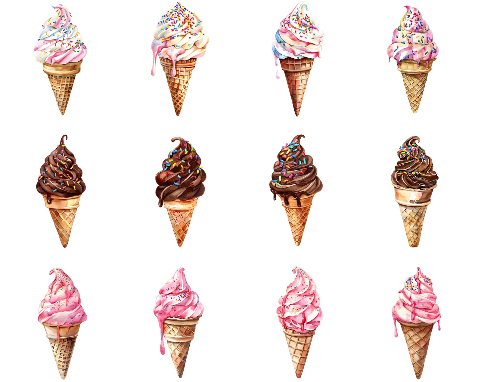 Watercolor Ice Cream Cone Clipart: 120 PNG Summer Dessert Illustrations ...