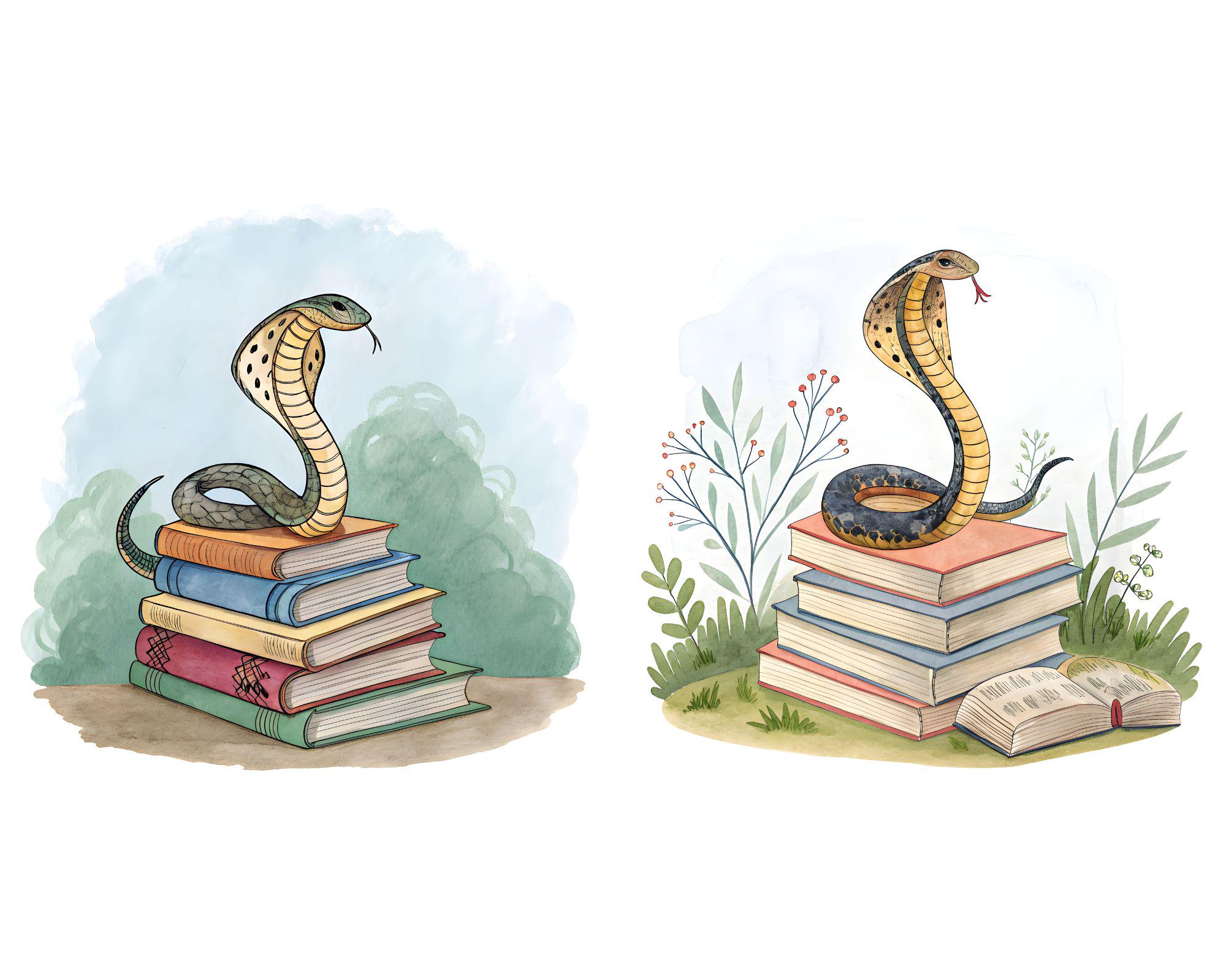 Watercolor Cobra Snake on Books Clipart: Mystical Serpent Art (digital ...