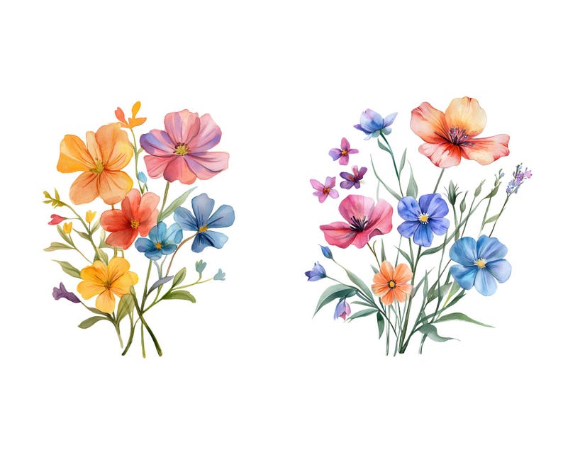 Watercolor Flowers Clipart, 14 PNG, Sublimation Design, Floral Clip Art ...