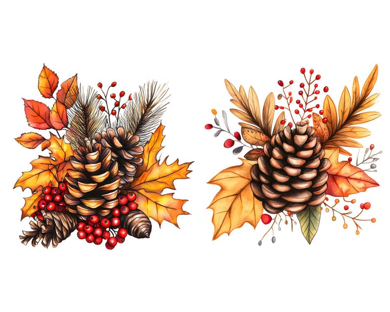 Watercolor Autumn Leaves Clipart: Pine Cones & Berries (JPG Digital ...