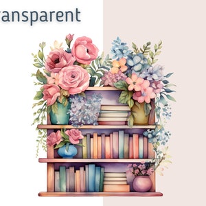 Watercolor Flower Bookcase Clipart, 18 PNG, Book Lover, Bookworm ...