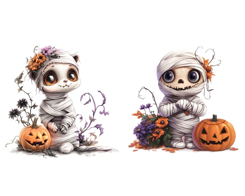 Halloween Mummy Clipart: Pumpkin & Flowers (digital Download) - Etsy