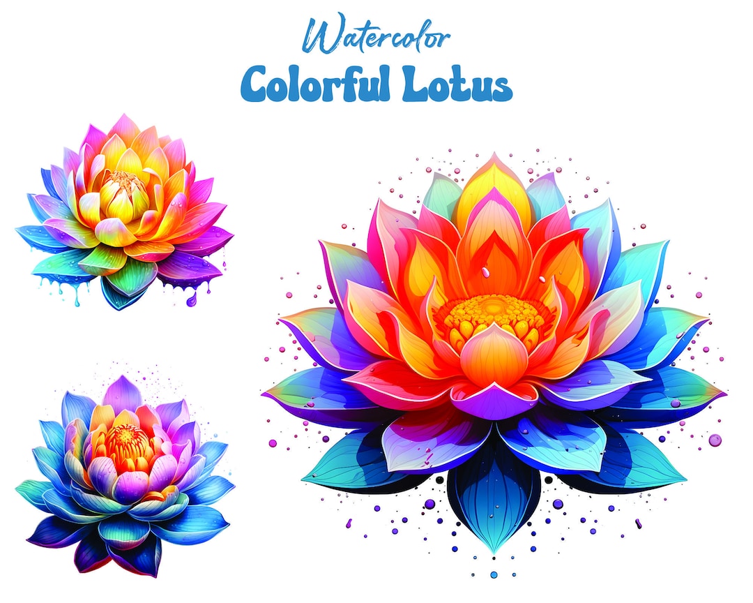 Colorful Lotus Clipart, 12 High-quality Jpgs, Watercolor Lotus Clipart ...