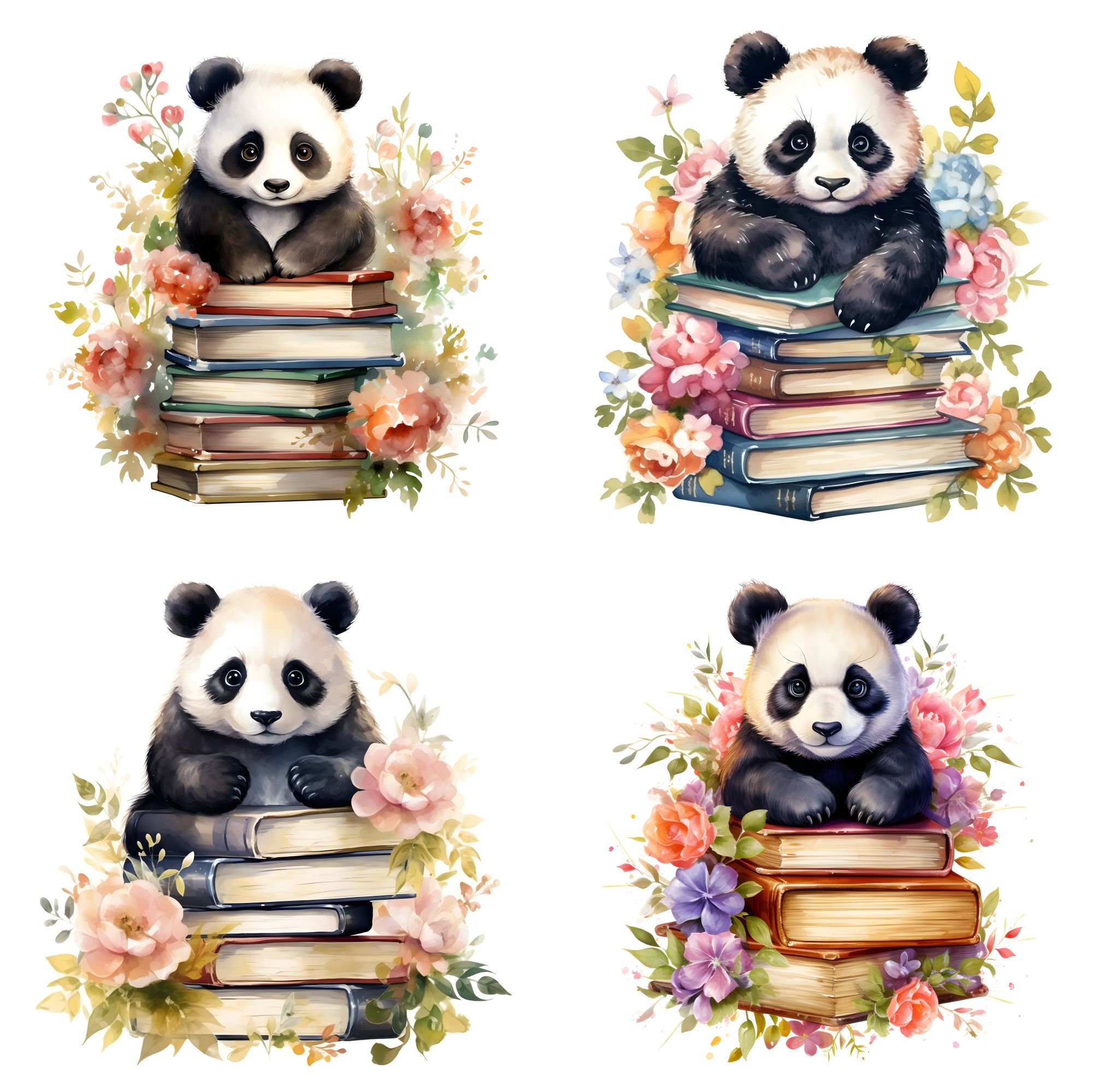 Panda Sitting on A Stack of Books Clipart, 16 Jpgs, Watercolor Books ...