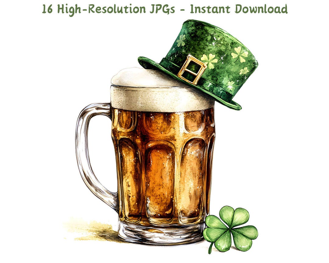 St. Patrick's Beer Mug Clipart, 16 JPG Digital Art of Beer Mug With ...