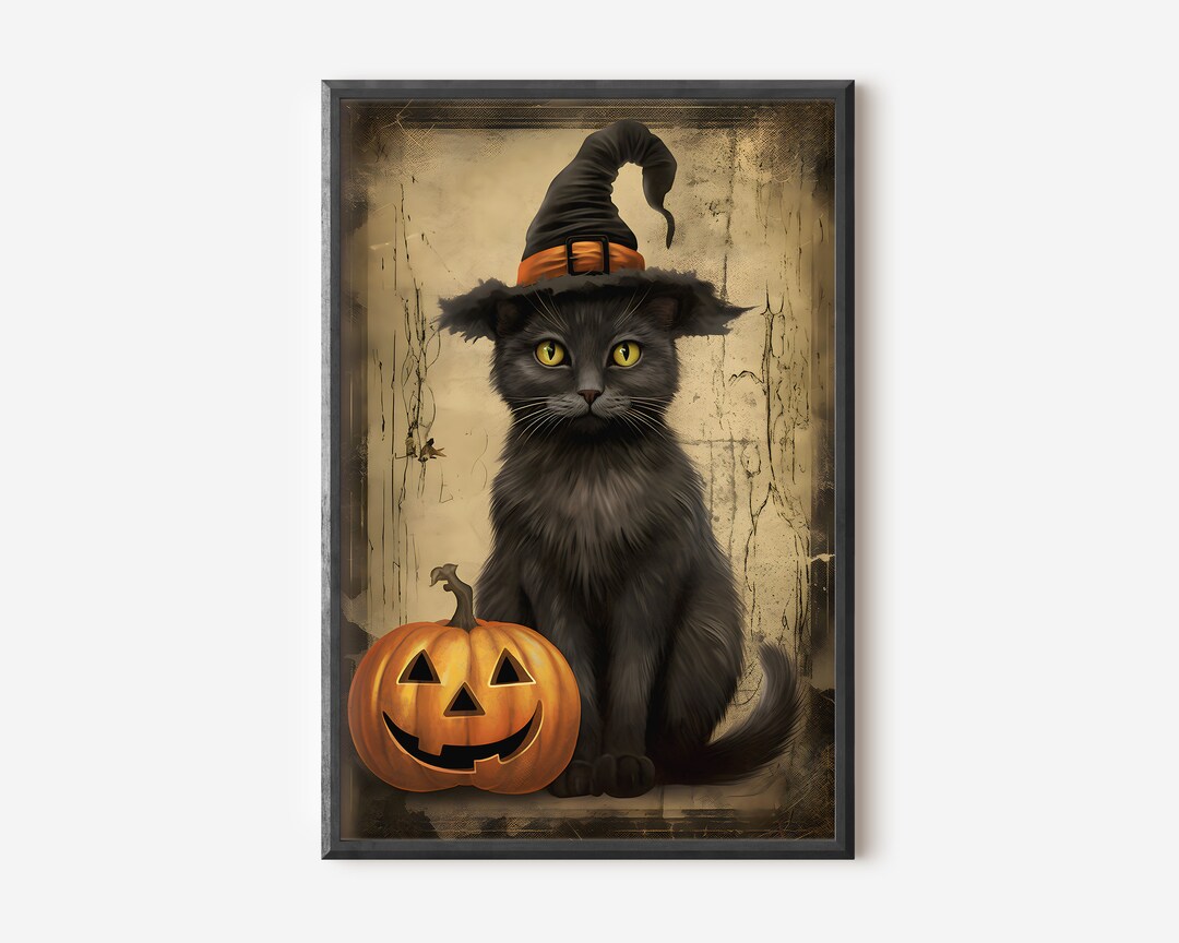 Halloween Witch Cat Printable Wall Art, Vintage Halloween Wall Art ...