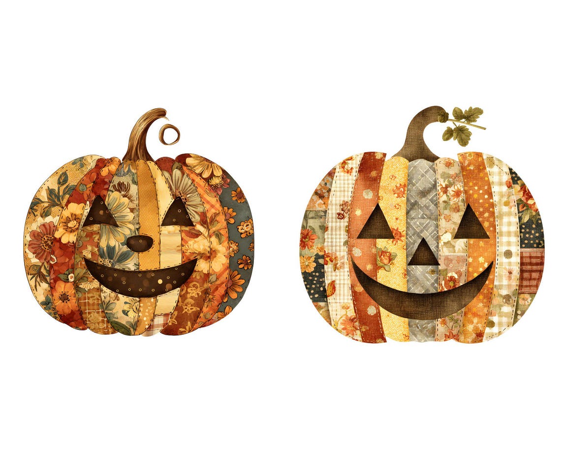 Patchwork Jack-o-lantern Halloween Clipart – 14 JPG Files | Quilted ...