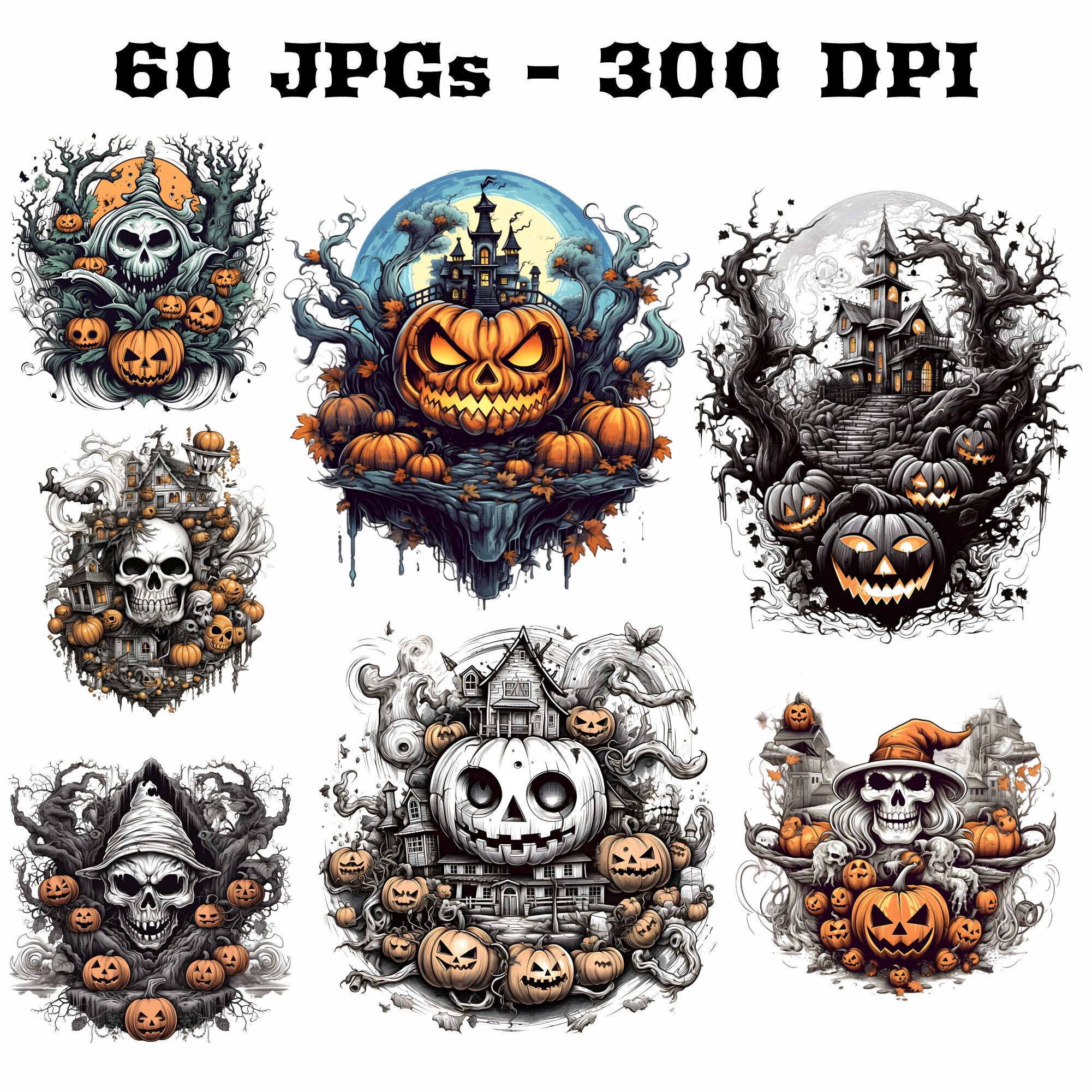 Horror Halloween Clipart, 60 Jpgs, Scary Pumpkin, Skull Clipart, Horror ...