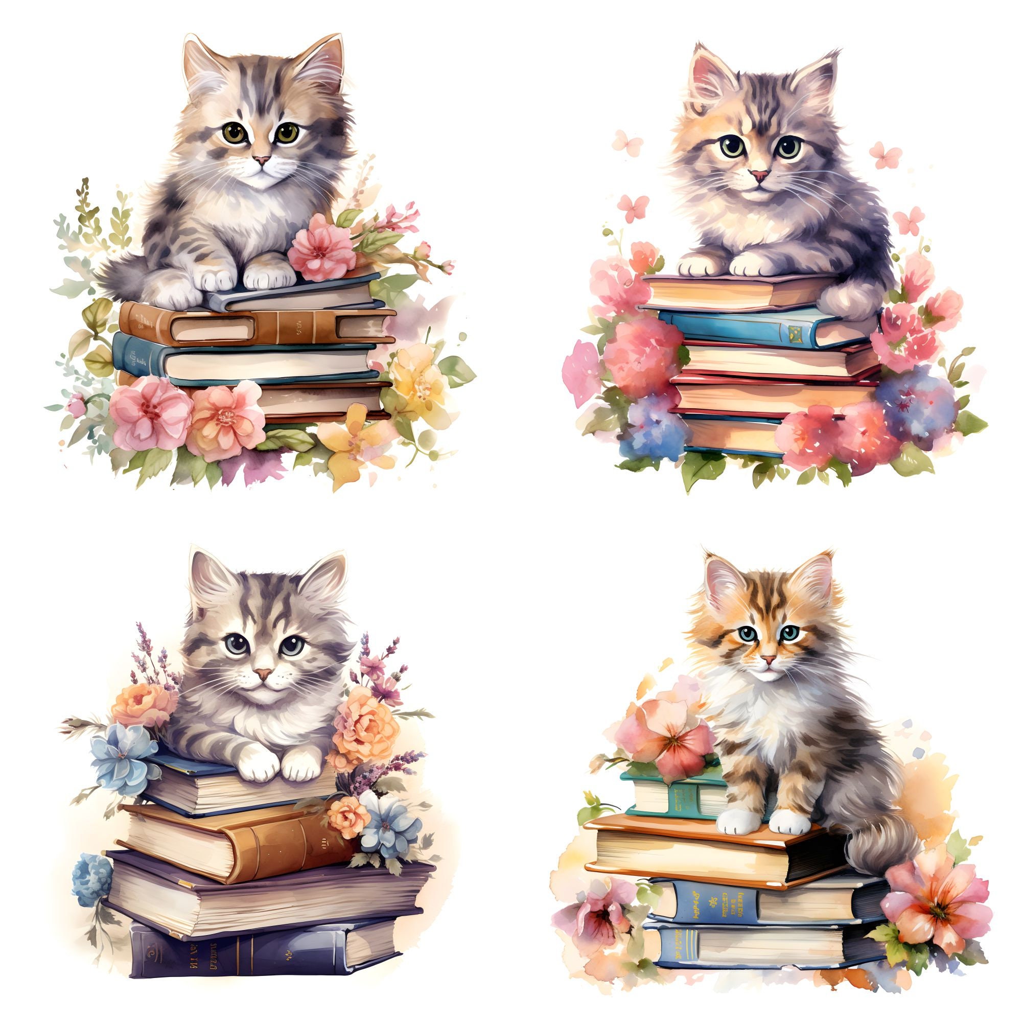 Watercolor Kitten Clipart: Cat on Books, Back to School (jpgs) - Etsy