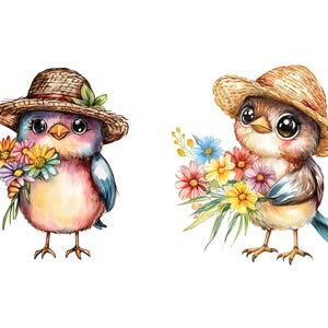 Cute Cartoon Bird Holding Flowers Watercolor Clipart, Floral Bird ...