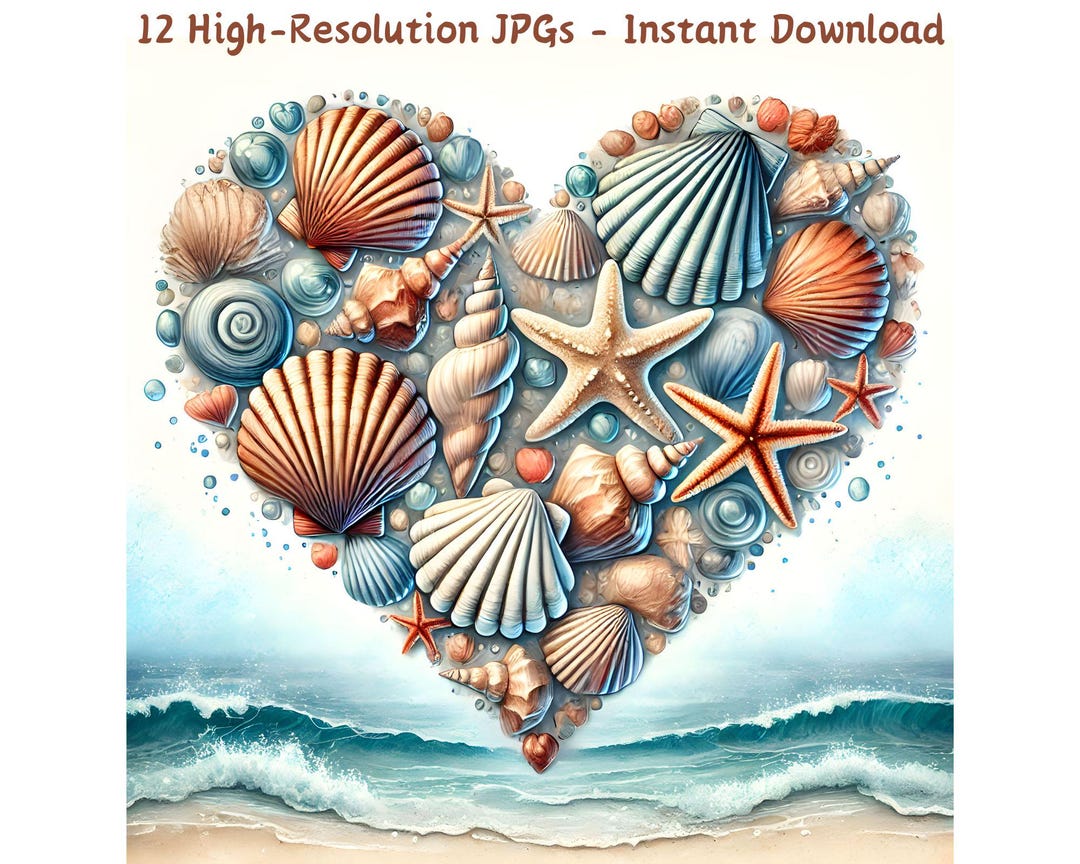 Watercolor Seashell Heart Clipart: Nautical Ocean Art (digital Download ...