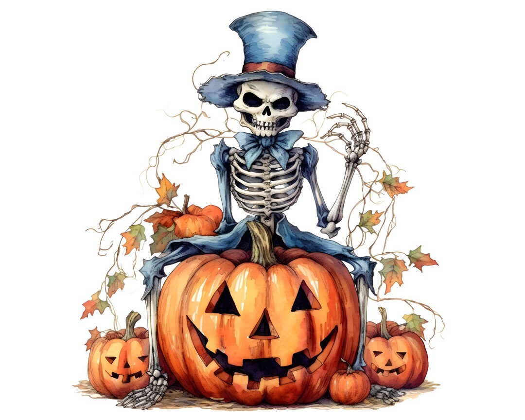 Halloween Skeleton and Pumpkin Clipart, 16 Jpgs, Watercolor Halloween ...