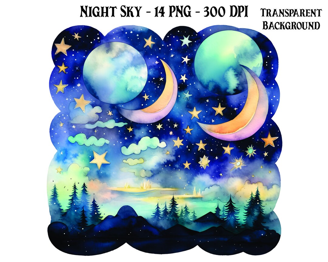 Watercolor Night Sky Clipart. 14 PNG, Magical Moon and Stars Clipart ...