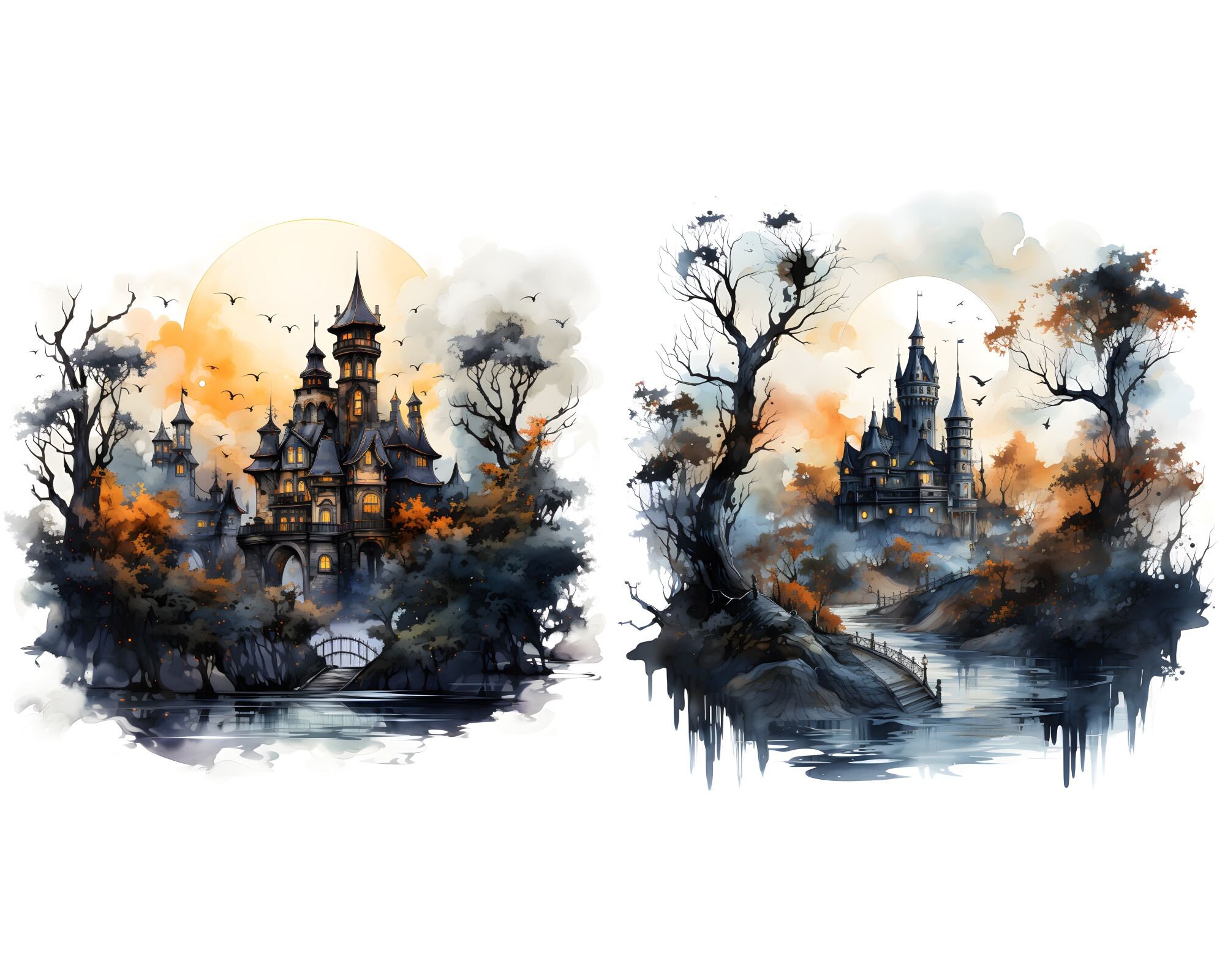 Watercolor Spooky Halloween Castle Clipart: Moonlit Jpgs (commercial ...