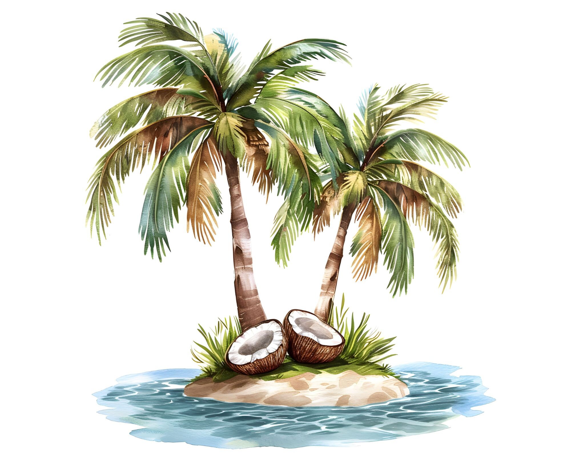 Palm Tree With Coconut Clipart, 12 JPG, Watercolor Tropical Clip Art ...
