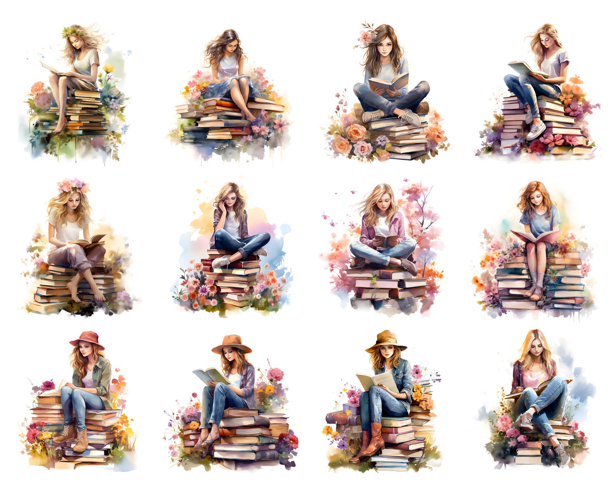 Watercolor Girl Reading Clipart: Book Lover Digital Art (12 JPG Files ...