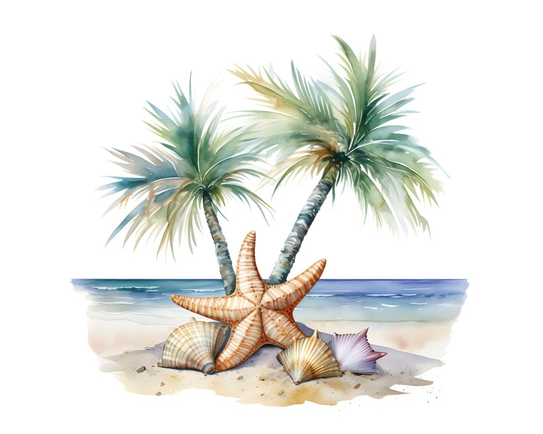 Watercolor Palm Tree Clipart, 14 JPG, Tropical Beach, Summer Beach Art ...