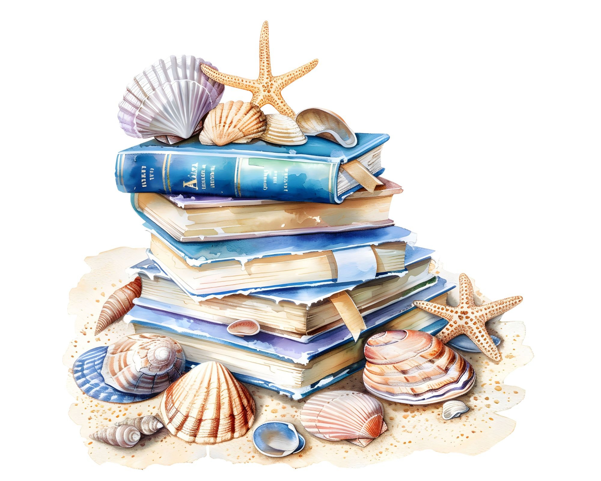Watercolor Beach Books Clipart: Summer Stack of Books PNG (digital ...