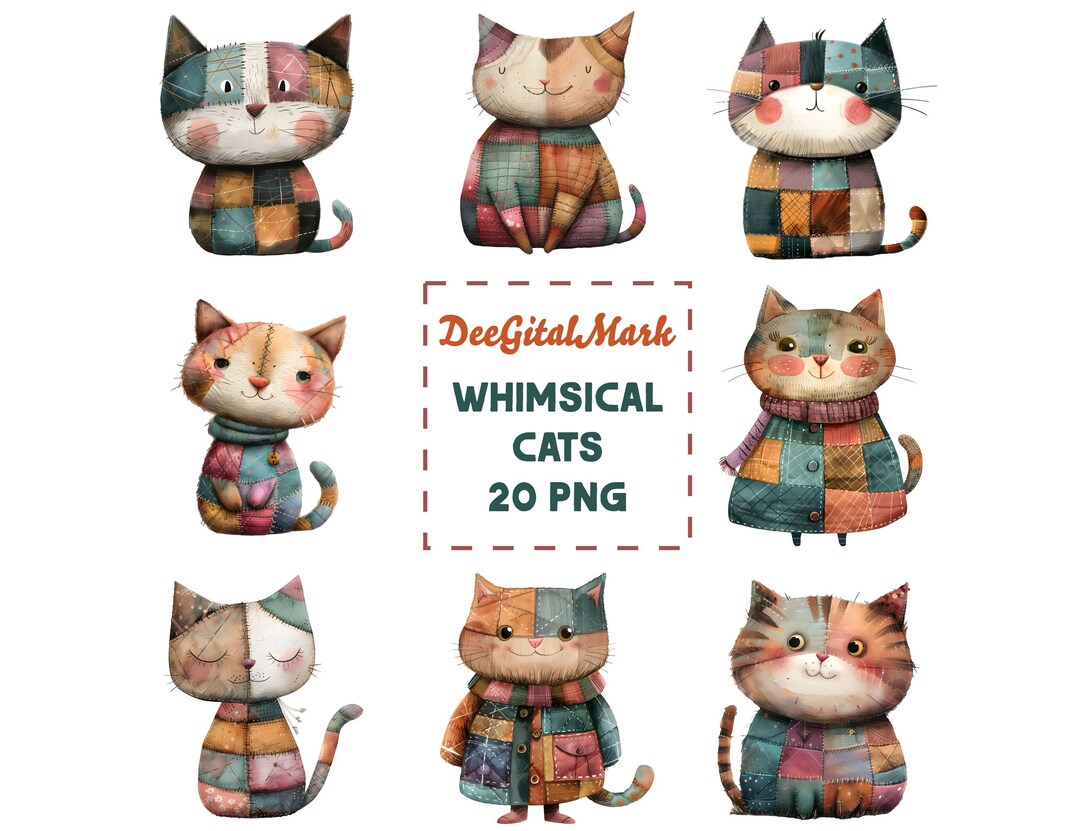 Cute Cat Clipart, 20 PNG, Whimsical Quirky Cats, Patchwork, Paper ...