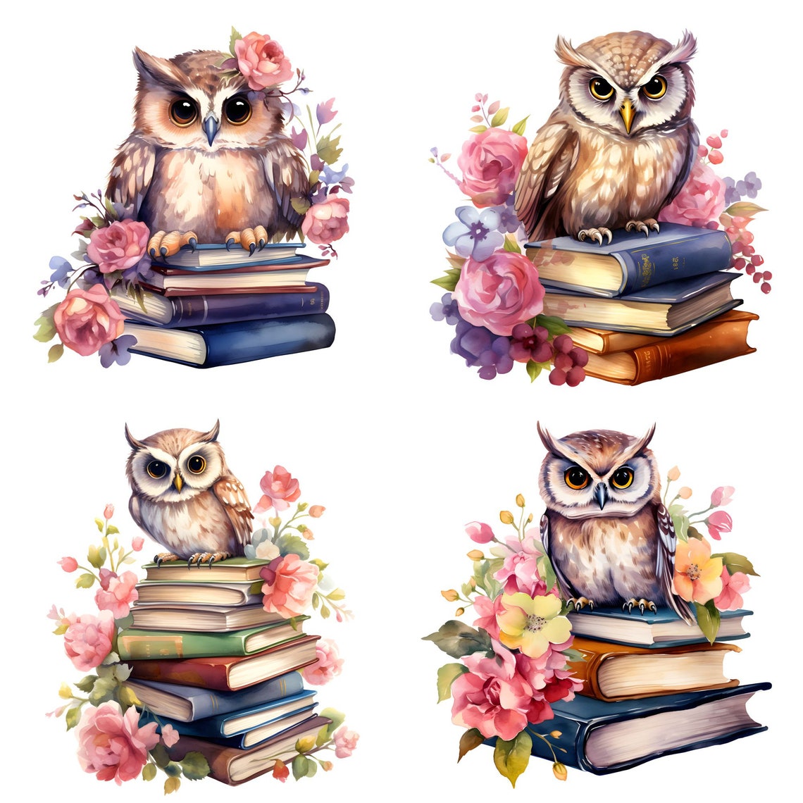 Owl Sitting on A Stack of Books Clipart, 16 Jpgs, Watercolor Books, Owl ...