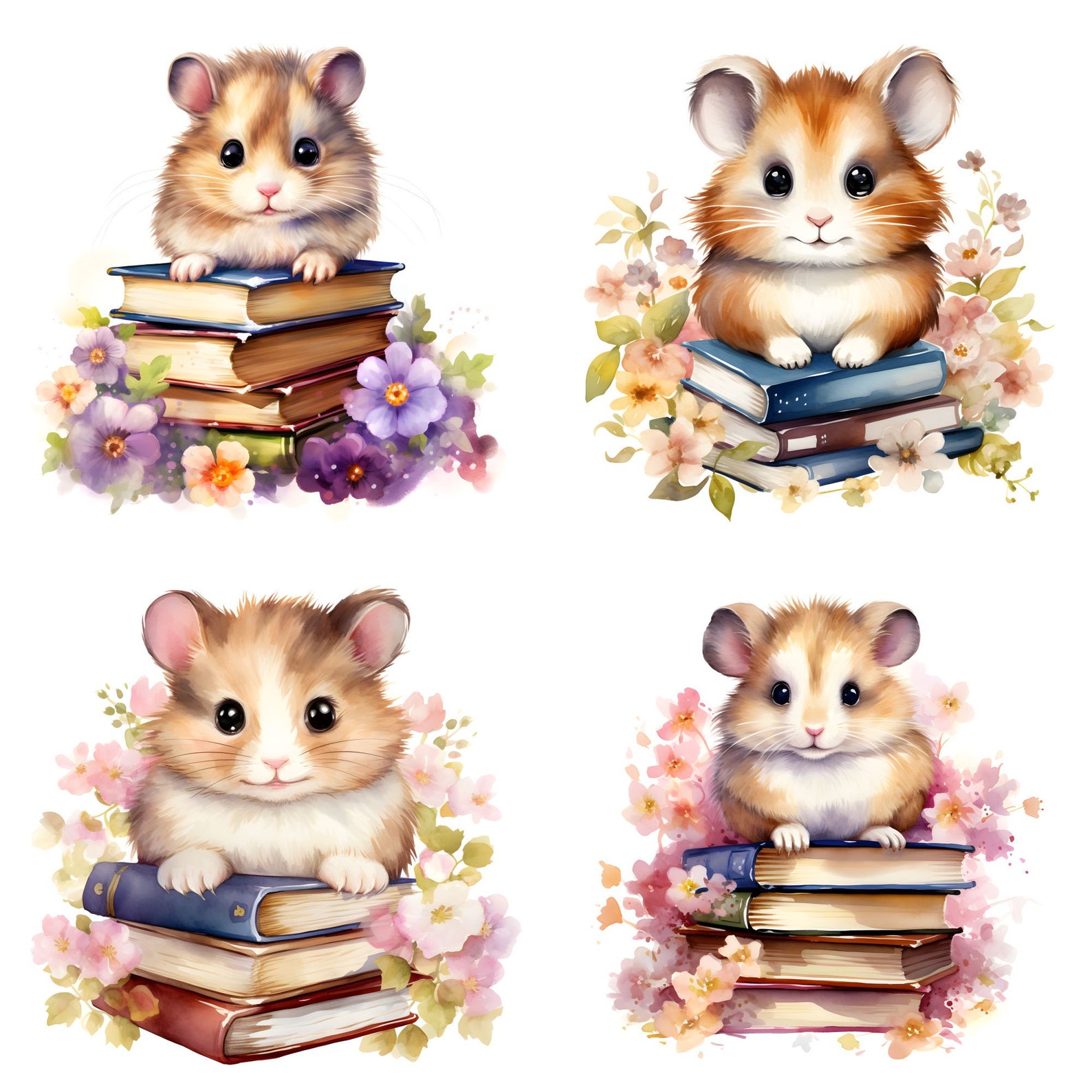 Hamster Sitting on A Stack of Books Clipart, 16 Jpgs, Watercolor Books ...