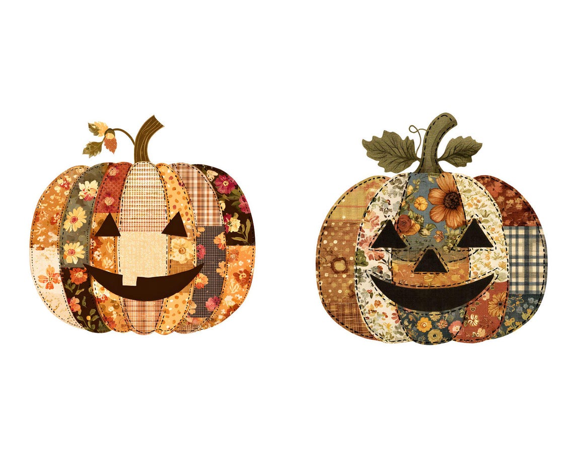 Patchwork Jack-o-lantern Halloween Clipart – 14 JPG Files | Quilted ...
