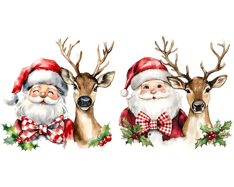 Watercolor Santa & Reindeer Clipart – 12 PNG Christmas Holiday Art ...