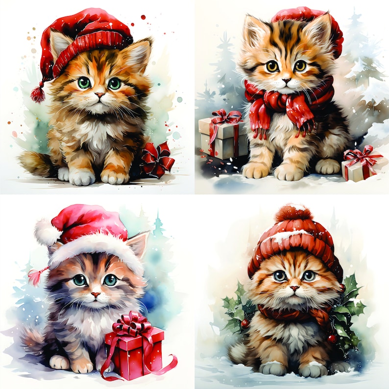 Christmas Cats Digital Paper, Printable Christmas Wall Art, Watercolor ...