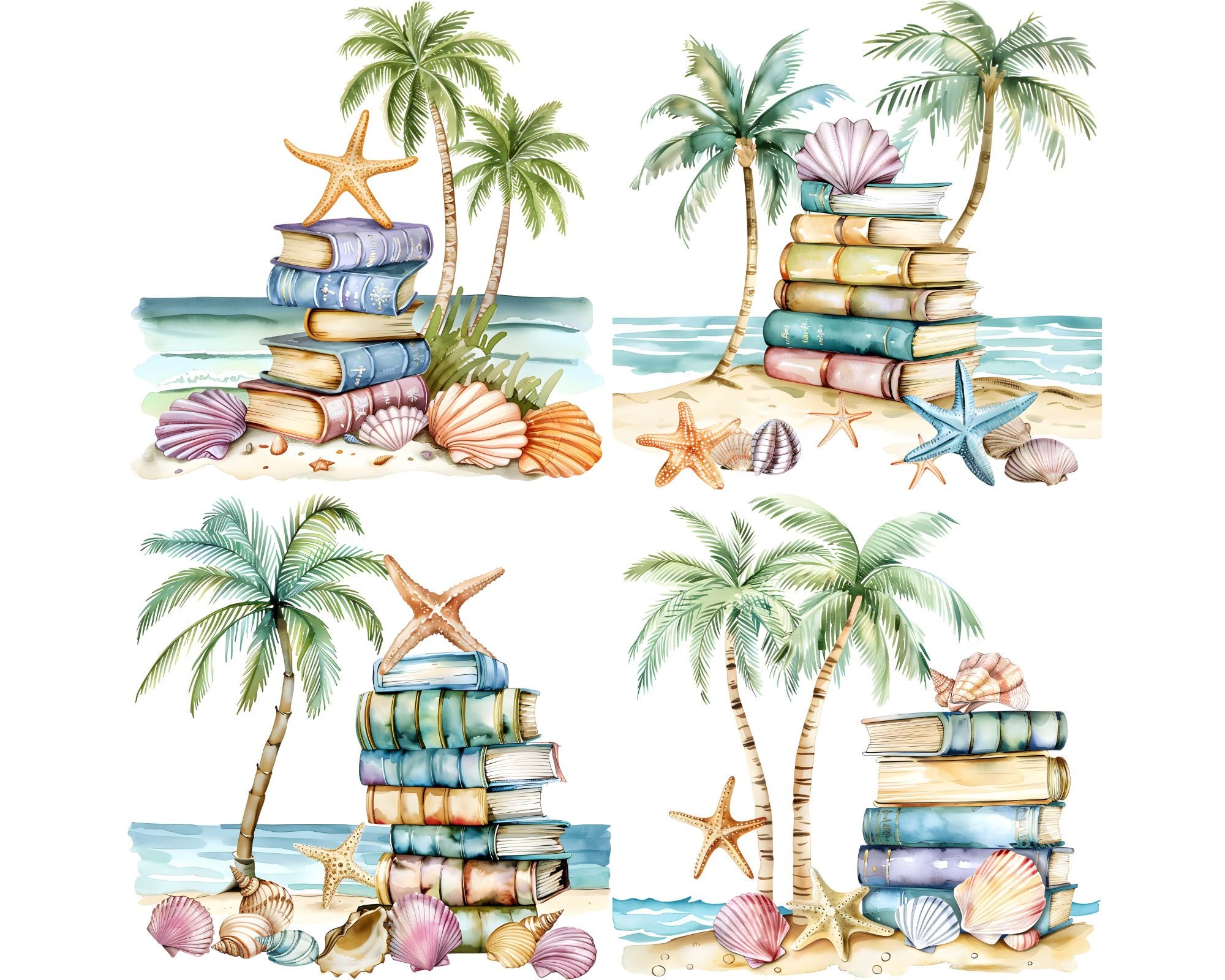Beach Books Clipart: Watercolor Stack of Books, Summer Theme (digital ...
